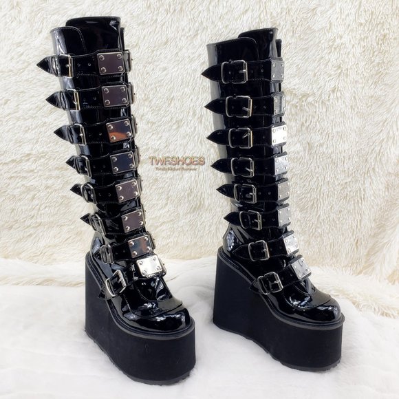 Demonia | Shoes | Swing 85 Black Patent Goth Punk Rave Knee Boots ...